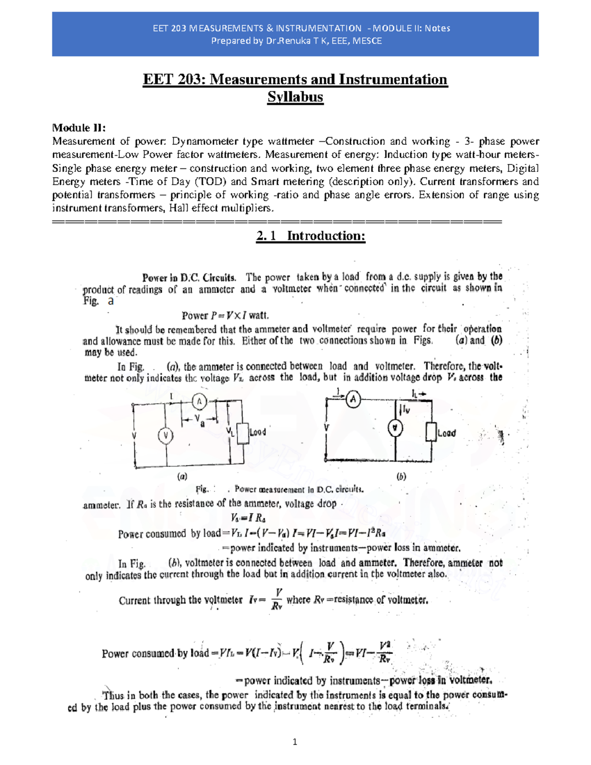 EET 203 Measurements and Instrumentation- Module II ( Final) - Prepared by Dr T K, EEE, MESCE ...