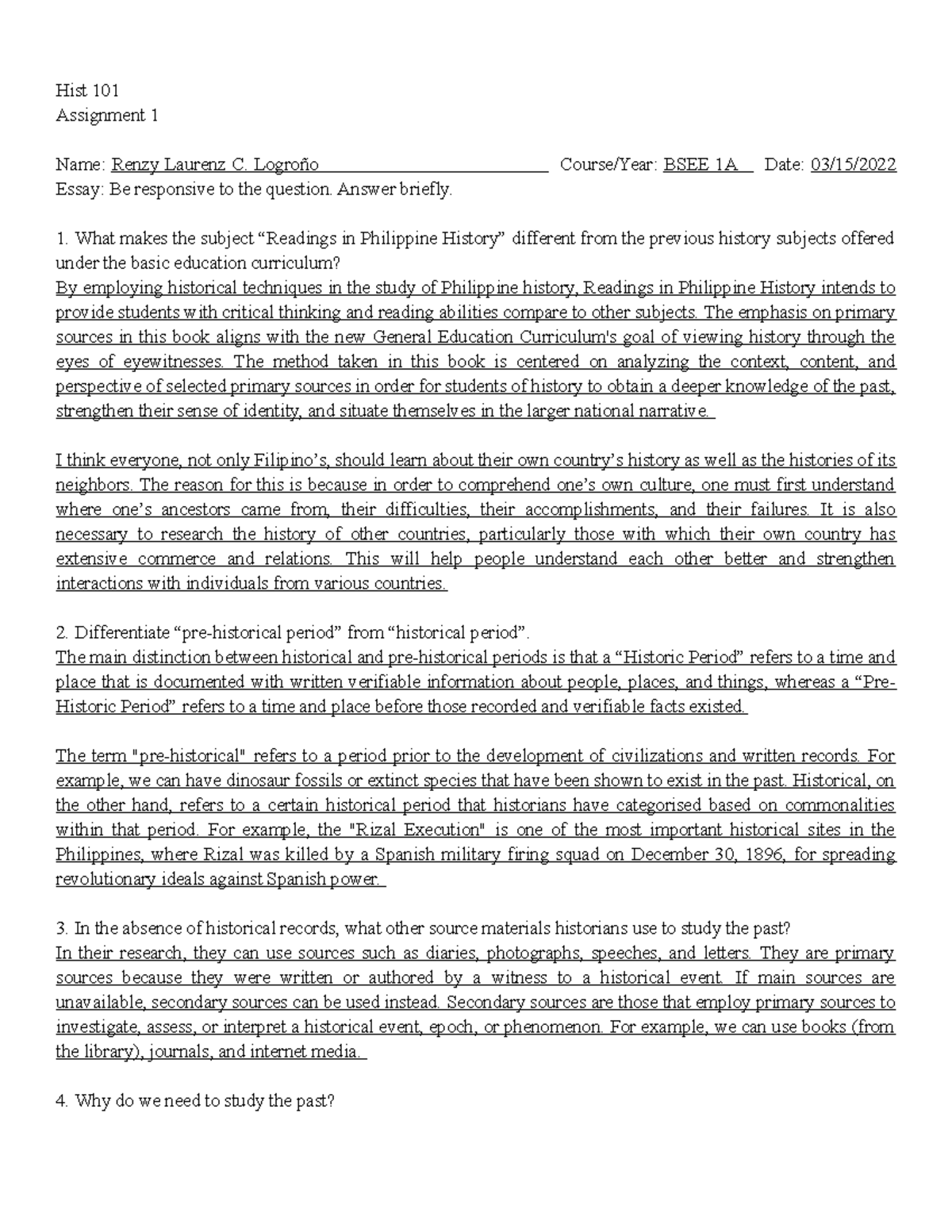Hist 101 assignment 1 - Hist 101 Assignment 1 Name: Renzy Laurenz C ...