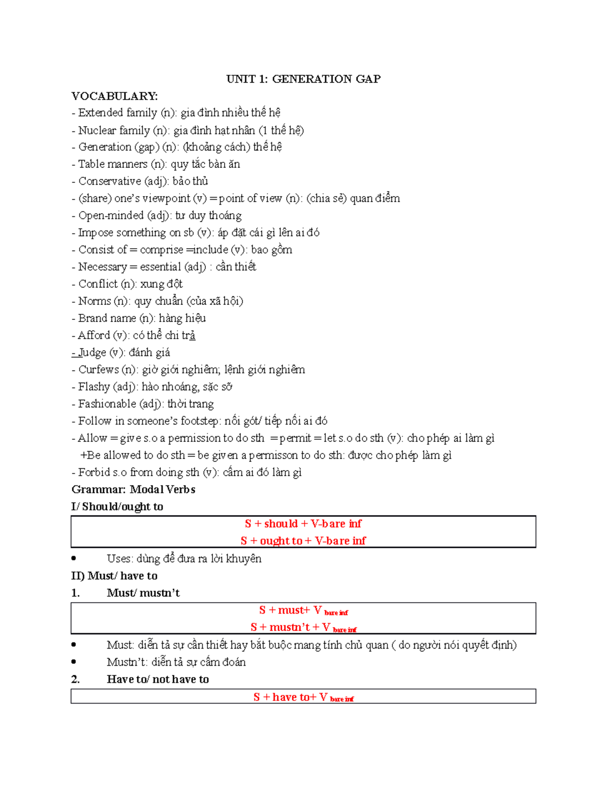 Unit-1 - next - UNIT 1: GENERATION GAP VOCABULARY: Extended family (n ...