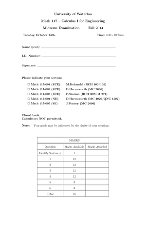 Assignment 5 Solutions and Marking Scheme - MATH 117 - Studocu