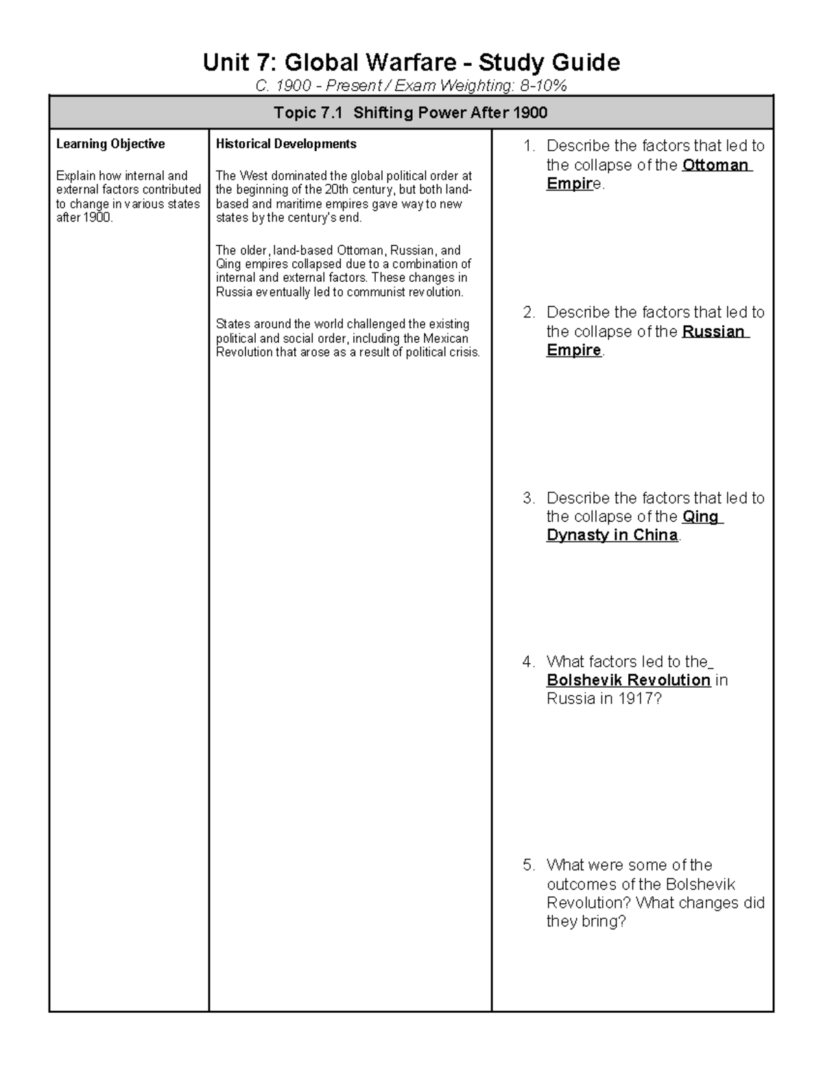 Unit 7 Review Guide - keSG GSEnjlag - Unit 7: Global Warfare - Study Guide C. 1900 - Present ...