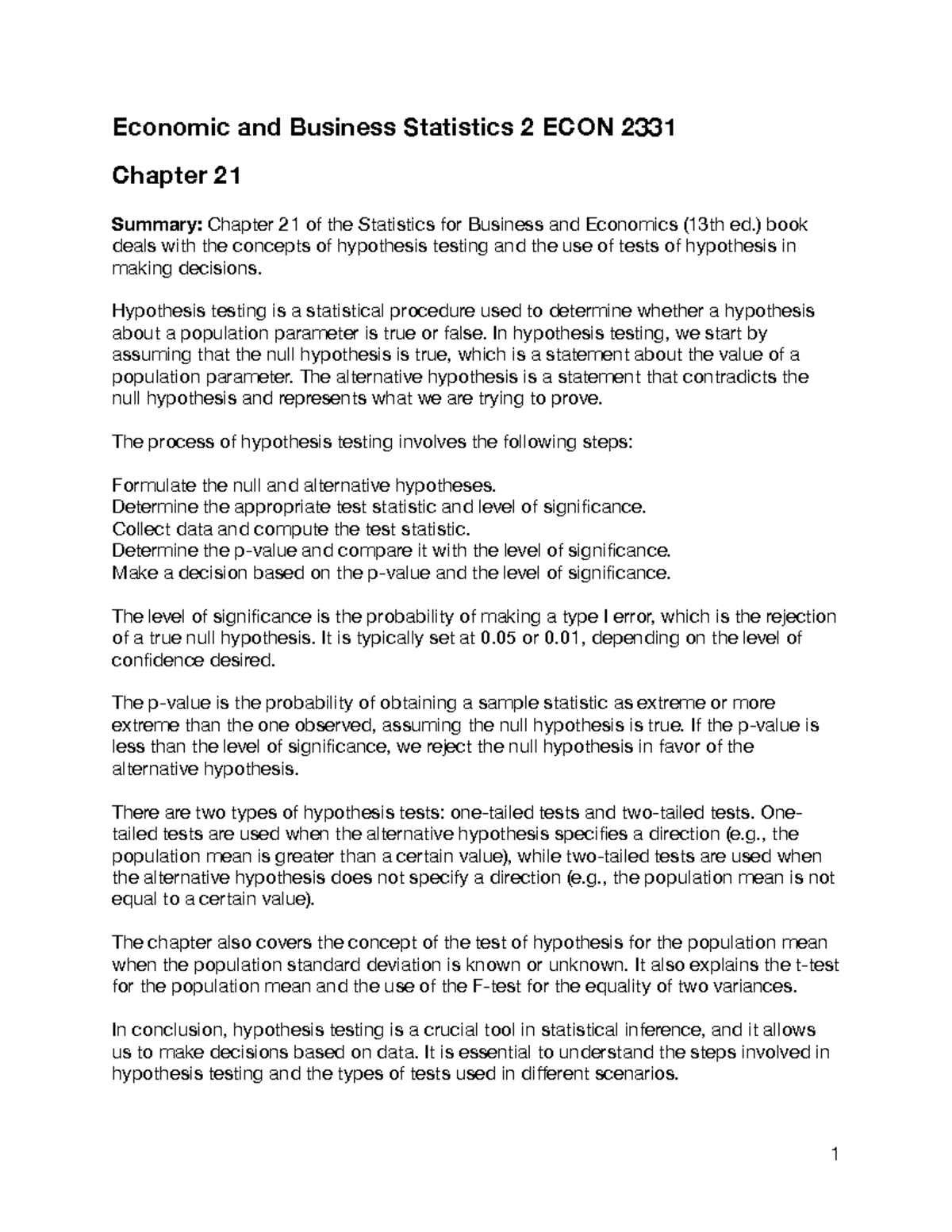 ECON 2331 - Chapter 21 - Economic and Business Statistics 2 ECON 2331 ...