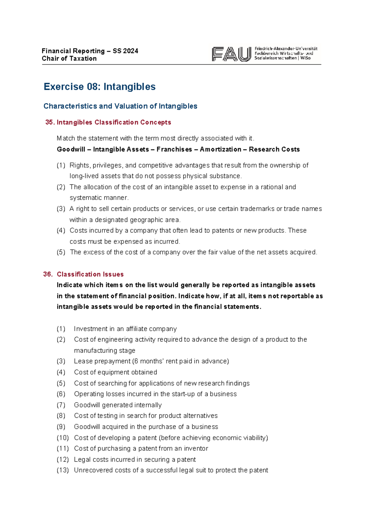 08 Questions Intangibles - I. II. Exercise 08: Intangibles ...