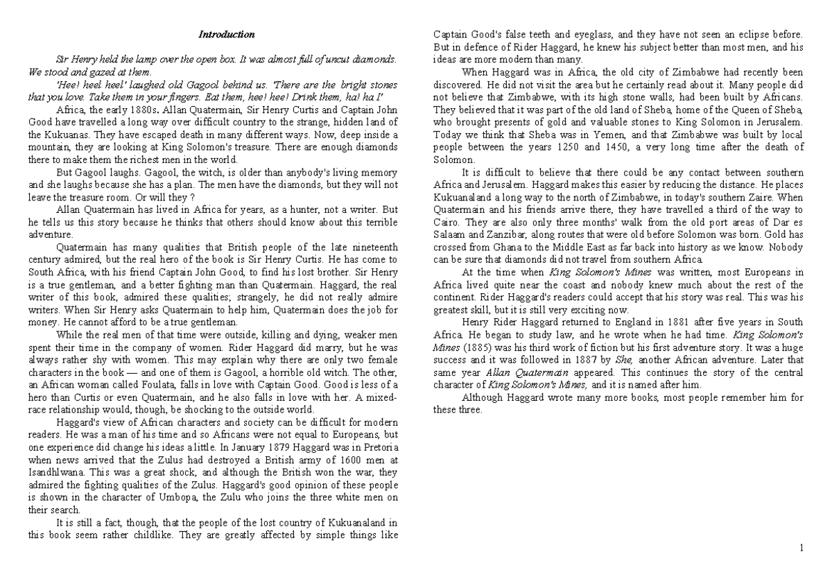 King Solomons Mines www - Introduction Sir Henry held the lamp over the ...