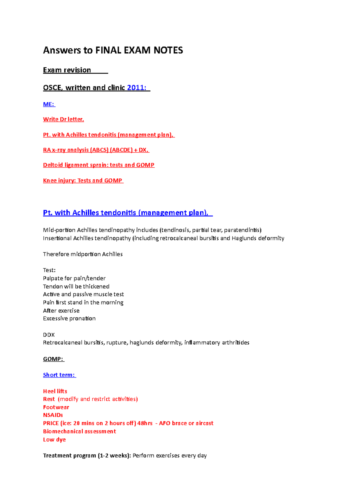 Final exam notes for third year clinical exam - Answers to FINAL EXAM ...