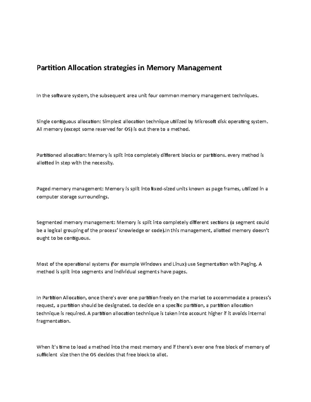 Partition Allocation strategies in Memory Management - Single ...