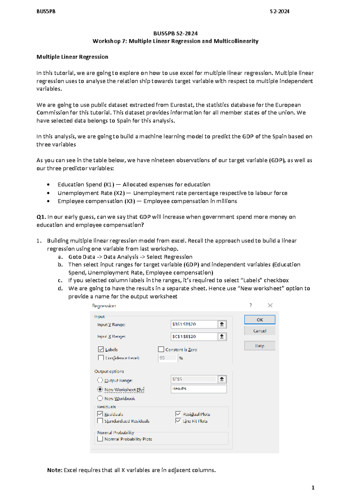 Multiple Linear Regression and Multicollinearity Workshop Notes ...