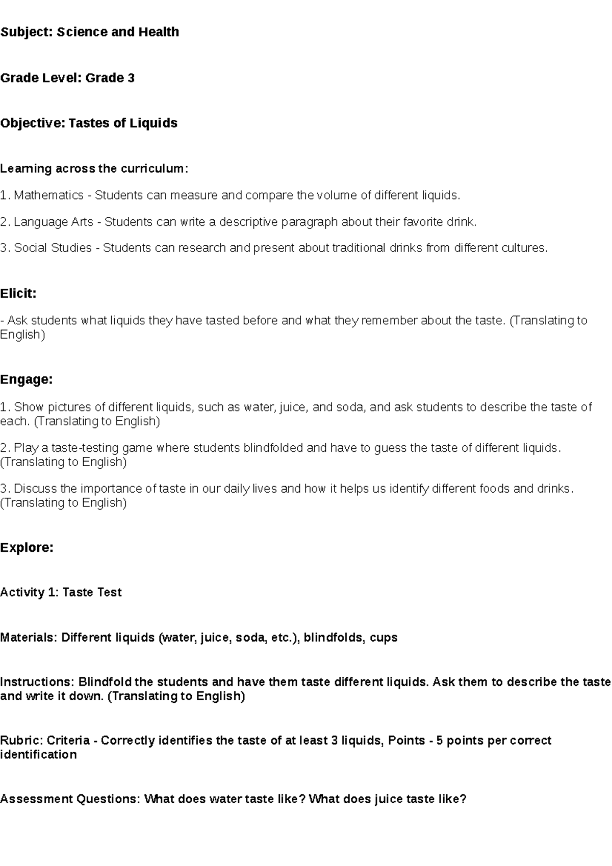 Lesson plan - Tastes of Liquids - Subject: Science and Health Grade ...