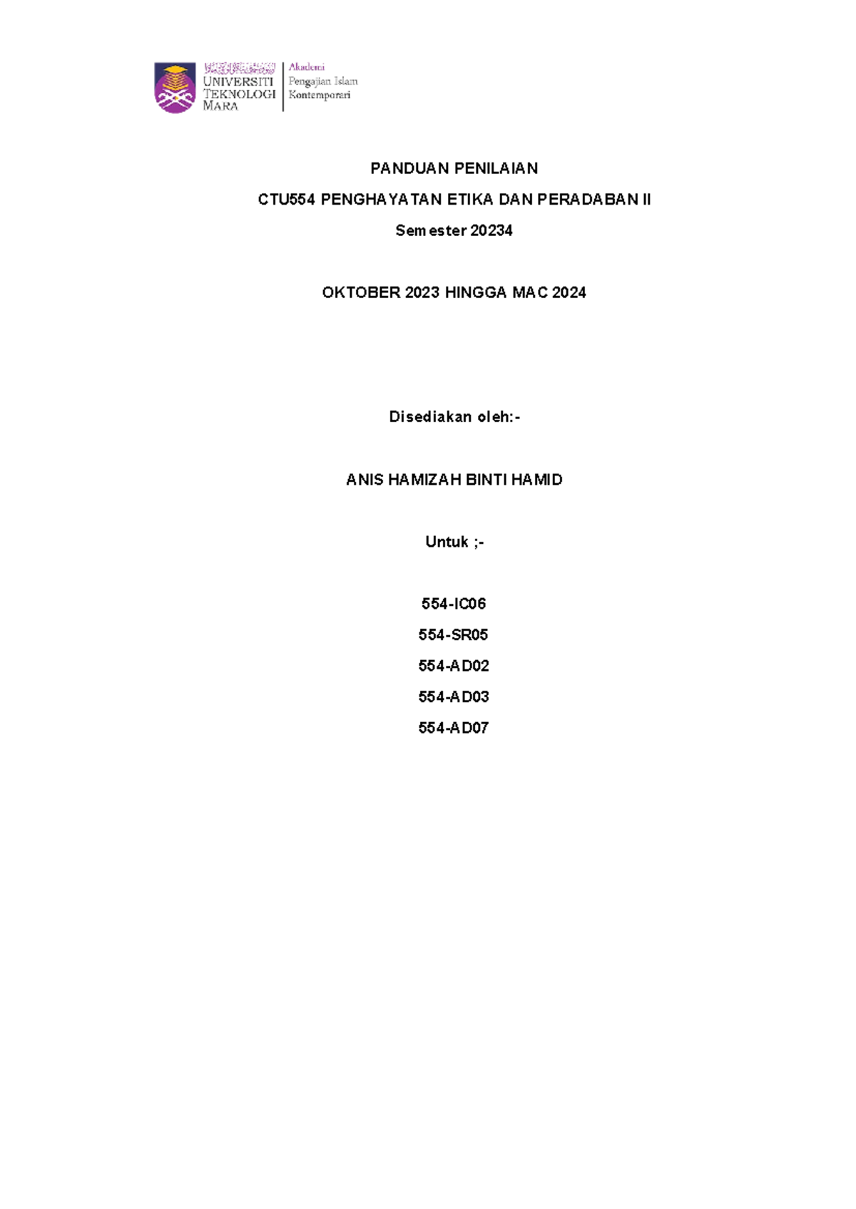 CTU554 Panduan Penilaian 20234 - PANDUAN PENILAIAN CTU554 PENGHAYATAN ...