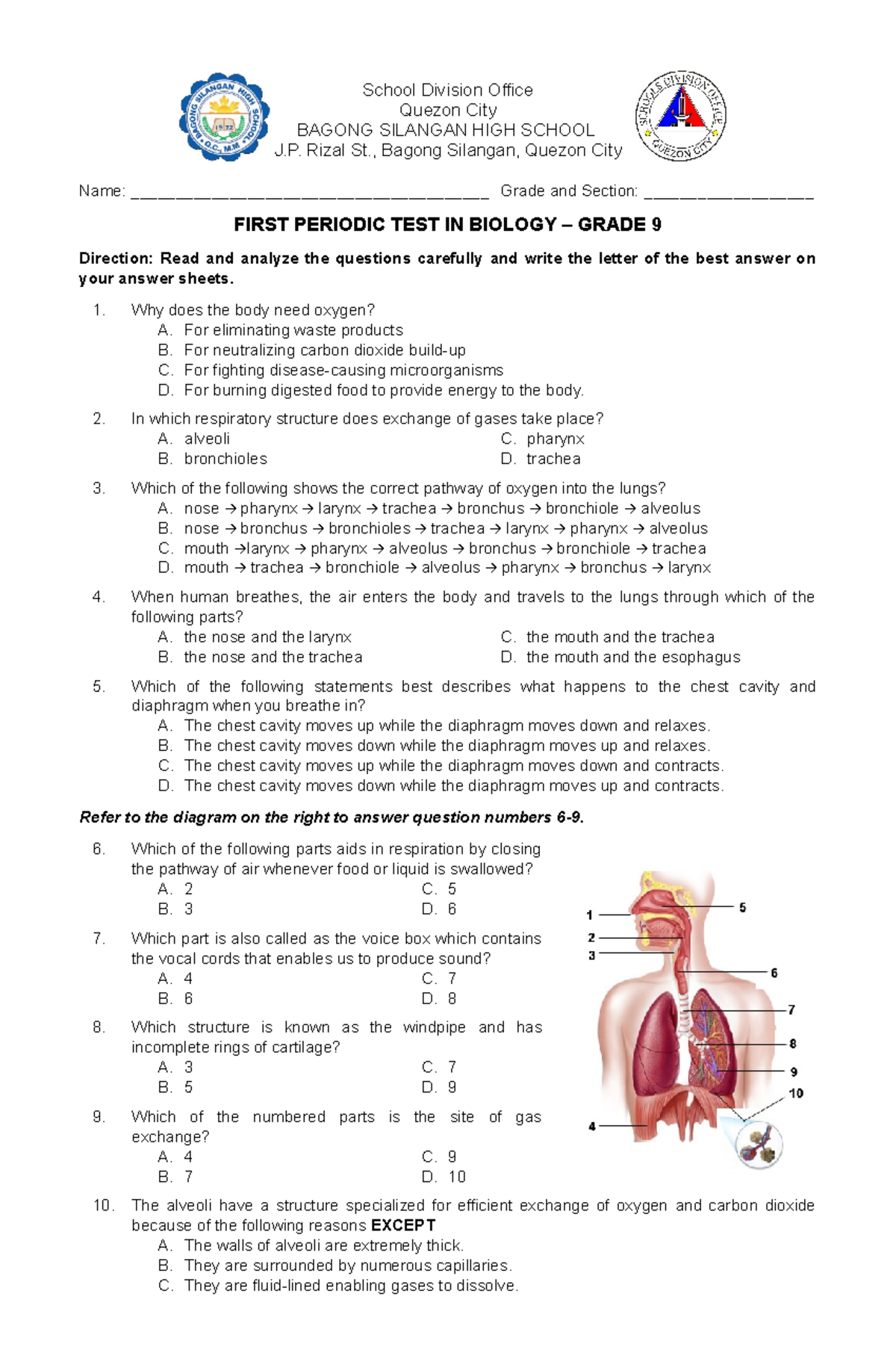 First Periodical TEST Biology - School Division Office Quezon City ...
