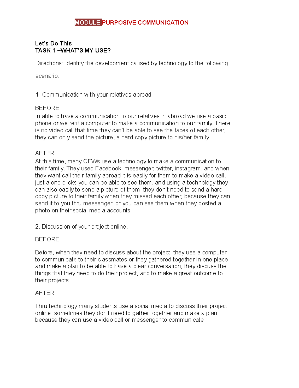 Activity 2 PURPOSIVE COMMUNICATION - MODULE PURPOSIVE COMMUNICATION Let’s Do This TASK 1 –WHAT’S ...