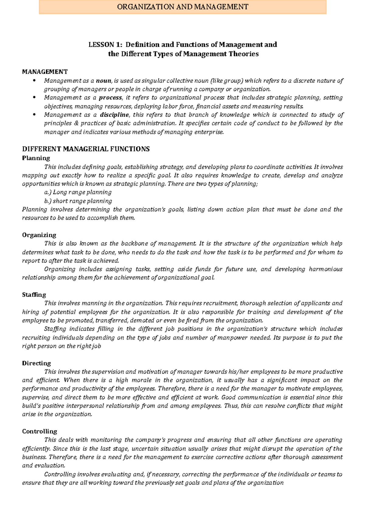 Org Man Final Notes - good luckk - LESSON 1: Definition and Functions ...