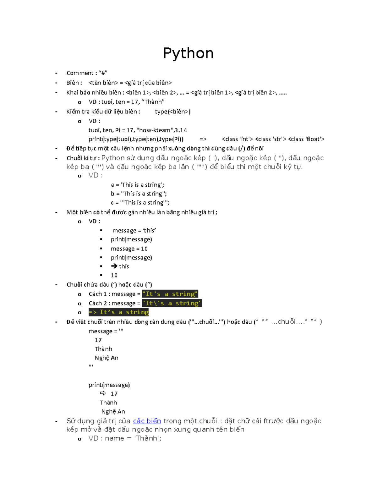 Python - Python Comment : “#” Biếến : = ị ủ Khai báo - Studocu
