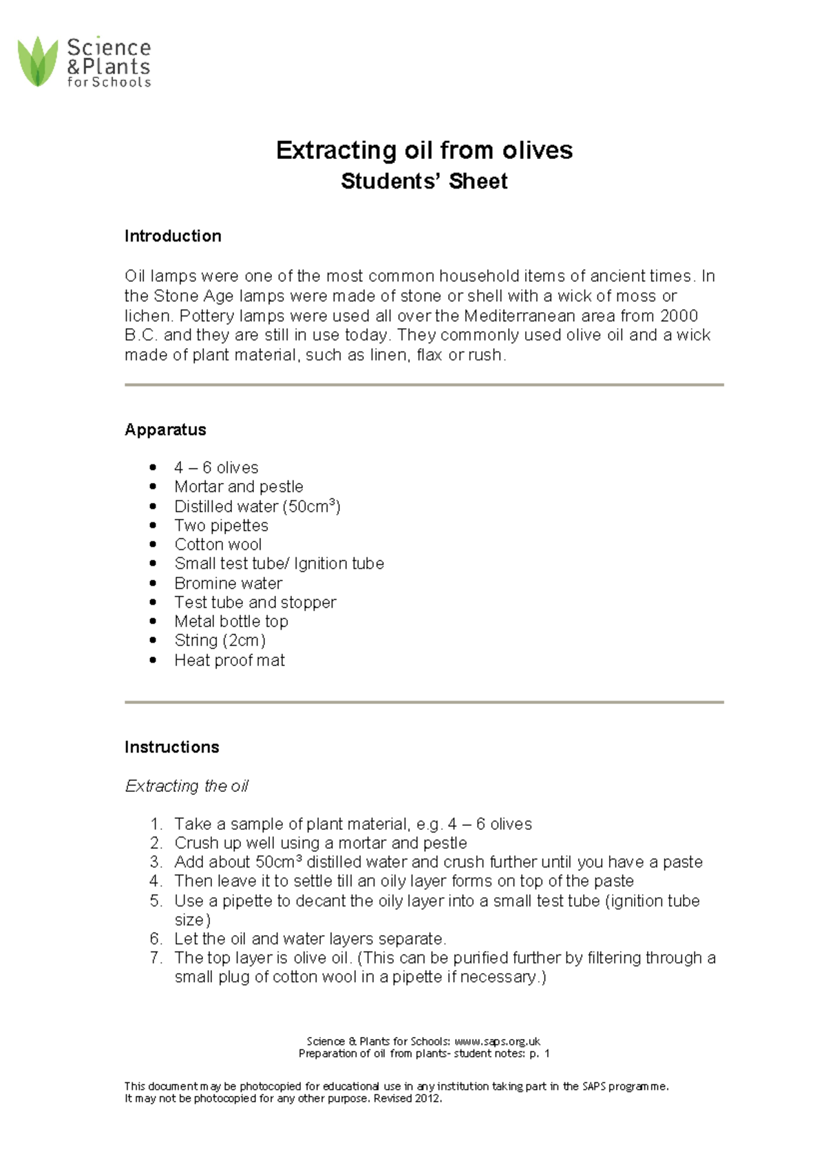 SAPS - Preparation of oil from plants - student notes - Extracting oil ...