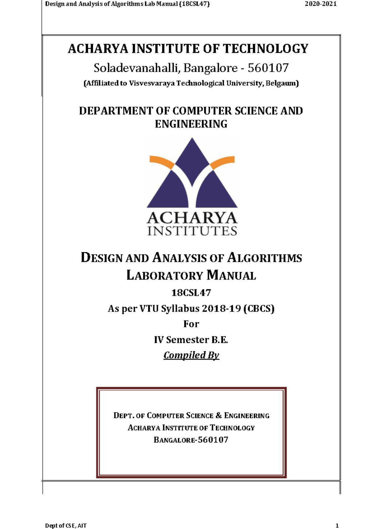 Daa Lab Manual 18csl47 2021 2022 Acharya Institute Of Technology Soladevanahalli Bangalore
