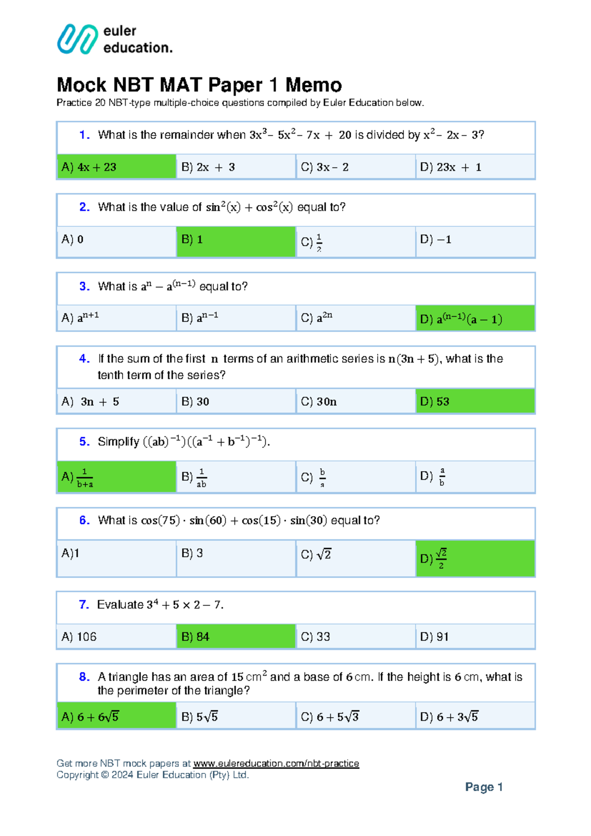 NBT MAT Paper 1 memo Rev2 - Get more NBT mock papers at eulereducation ...