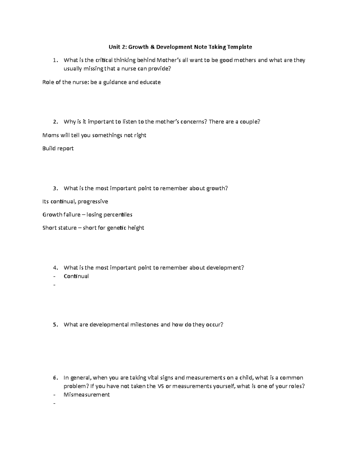 Unit 2. Key Points and Questions - Unit 2: Growth & Development Note ...