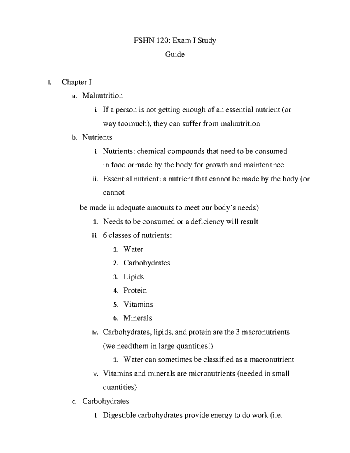 Chapter 1 Study Guide - FSHN 120: Exam I Study Guide I. Chapter I a ...