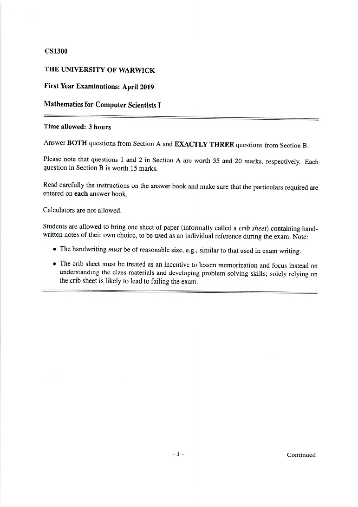 Cs1300 - Past papers from Warwick School of Information technology ...