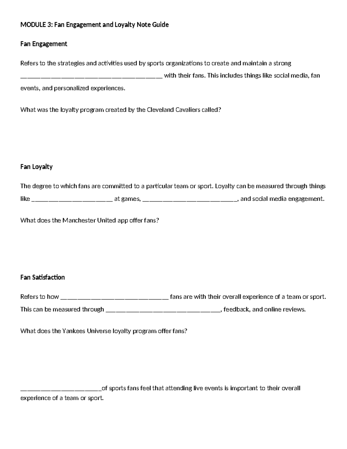 Module 3 NOTE Guide - non - MODULE 3: Fan Engagement and Loyalty Note ...