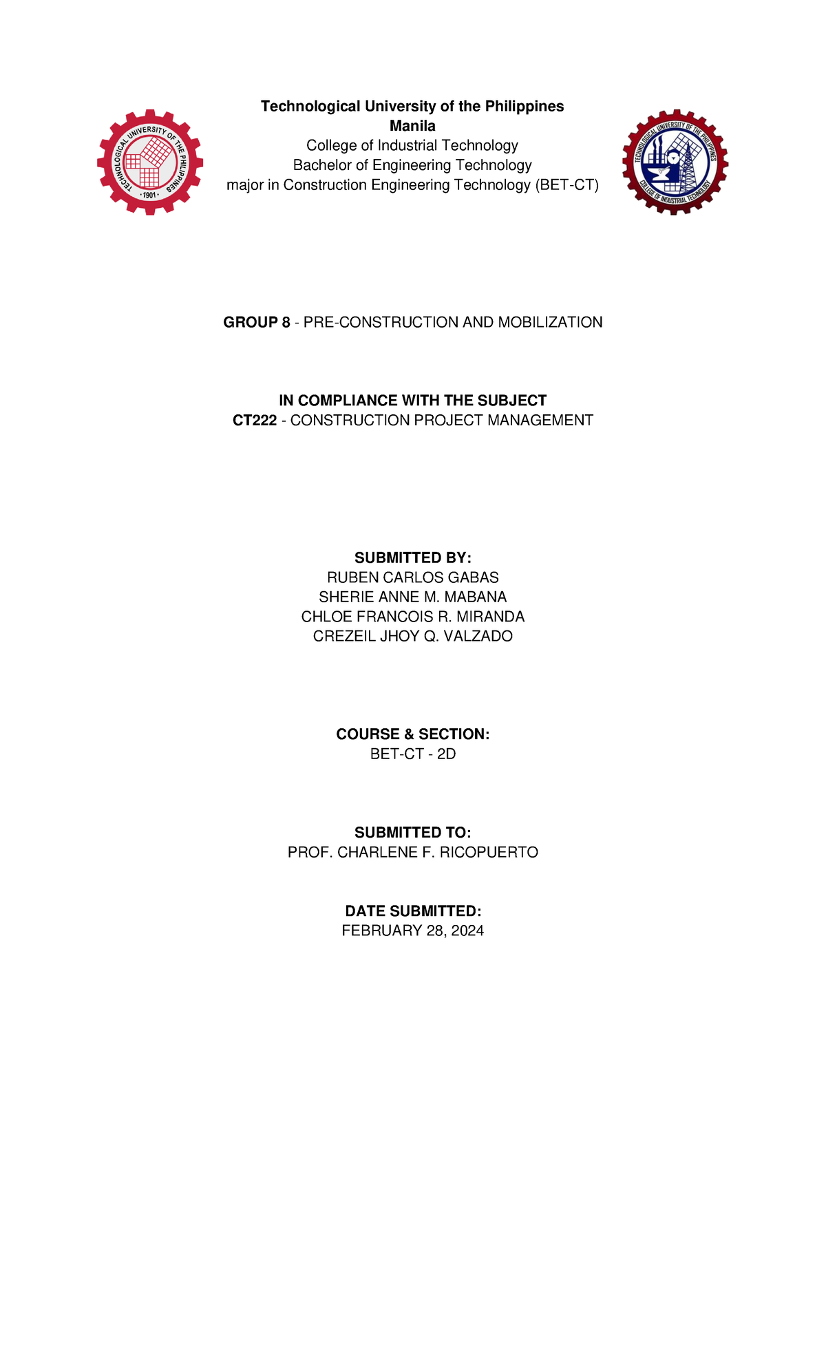 Pre-Construction and Mobilization Manuscript - Technological University ...