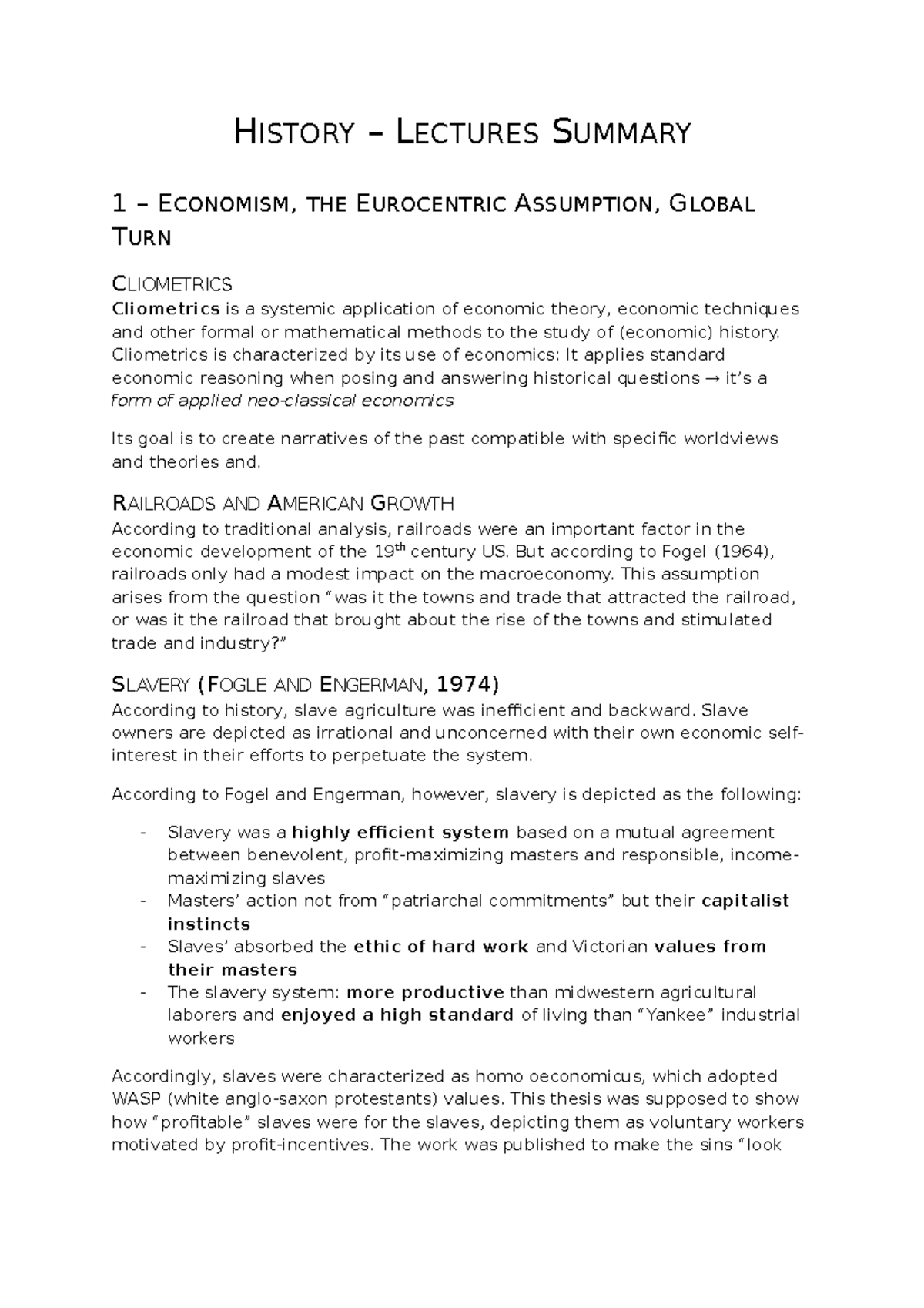 History Summary - HISTORY – LECTURES SUMMARY 1 – ECONOMISM, THE ...