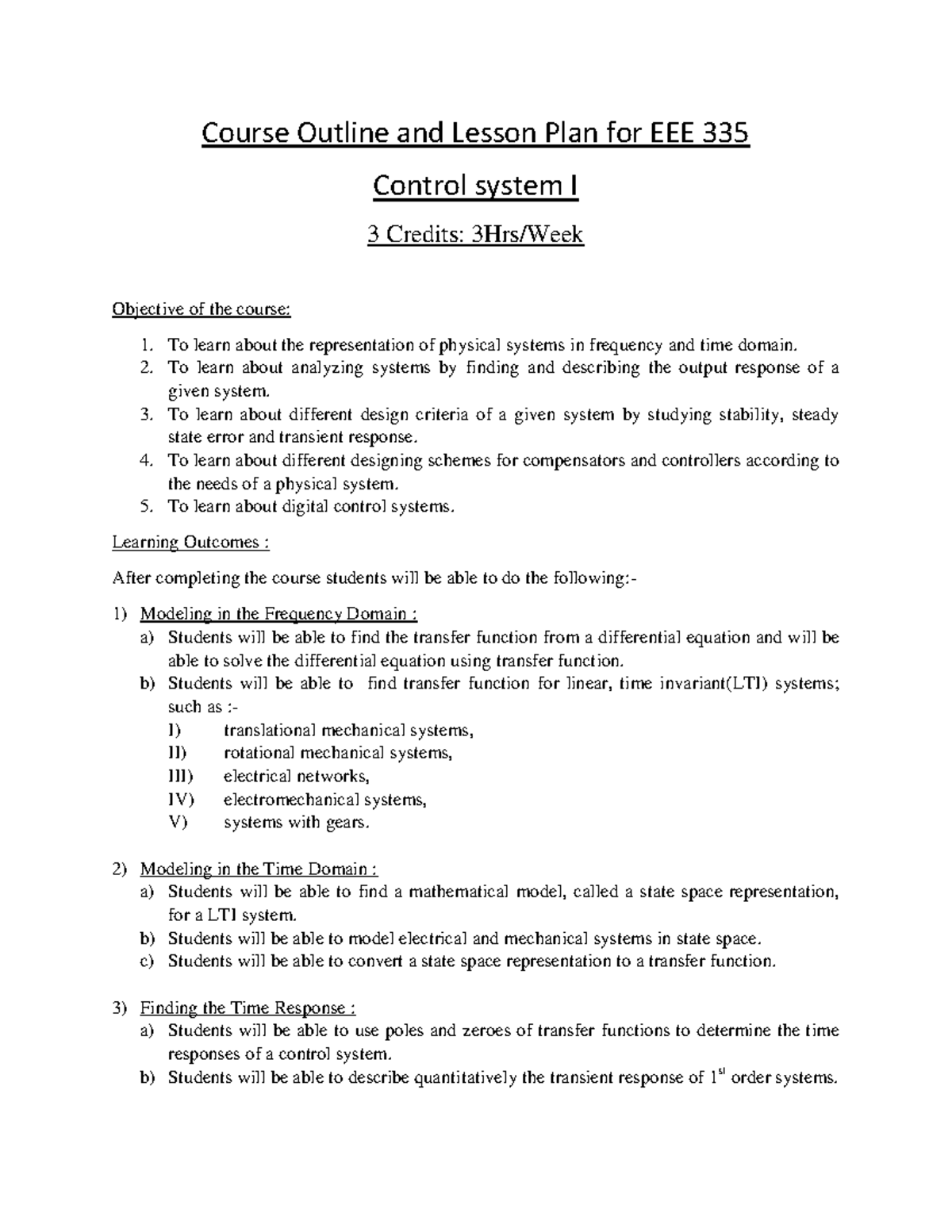Control System 1 Course Outline and Lesson Plan - Course Outline and ...