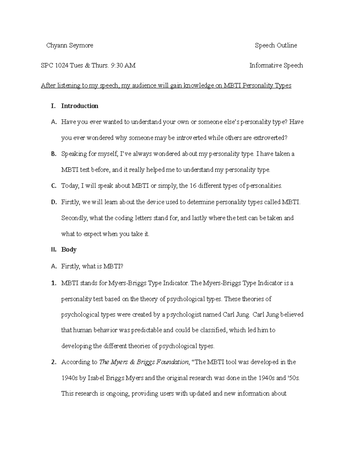 Informative Speech - Chyann Seymore Speech Outline SPC 1024 Tues ...