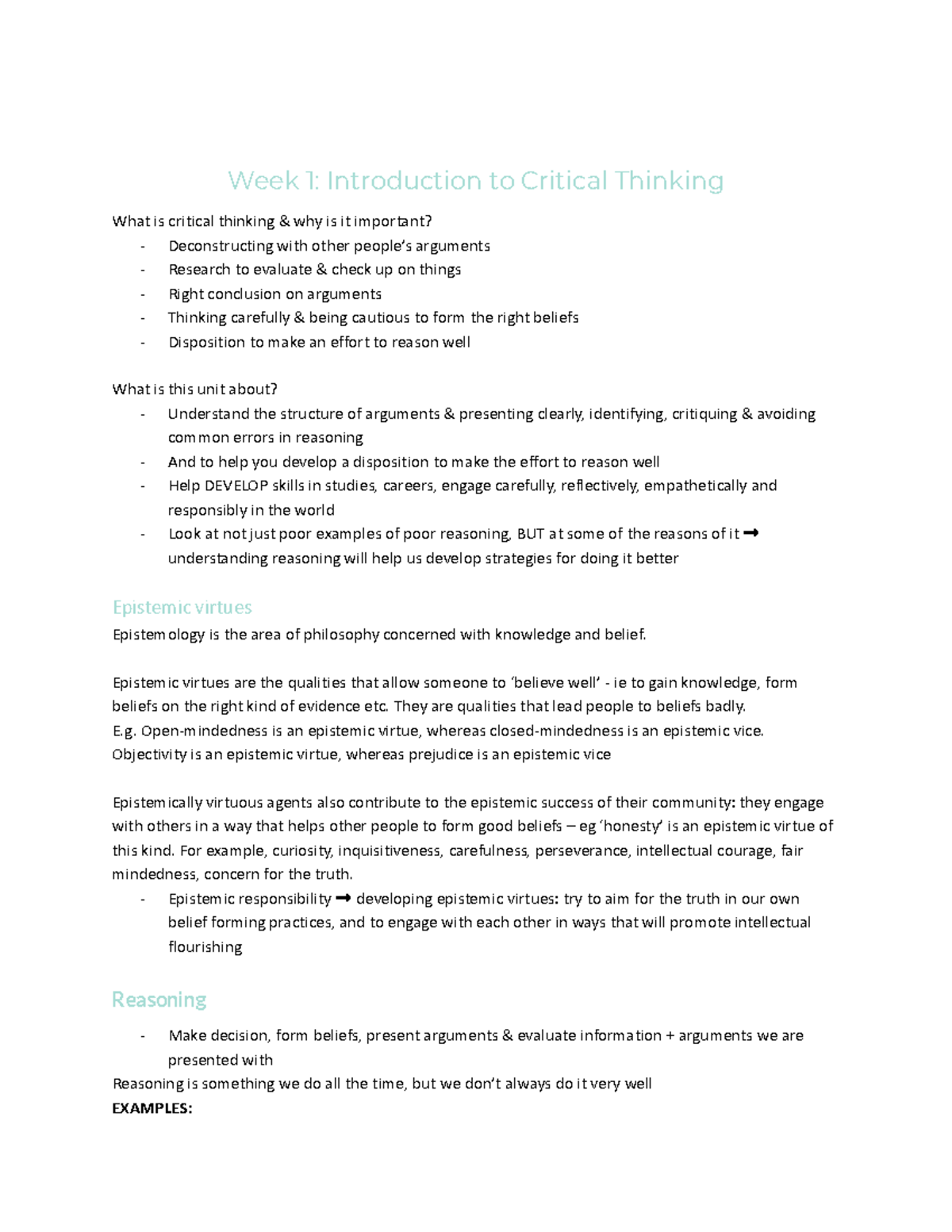 PHIL1037 Critical Thinking week 1-4 - Week 1: Introduction to Critical ...