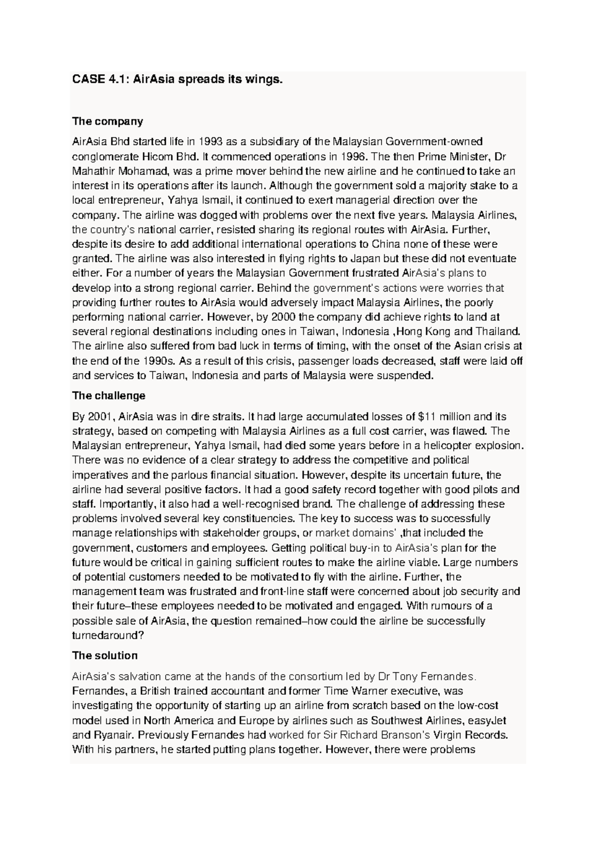 Case study 2.1 Creating Value from Stakeholders Air Asia - CASE 4 ...