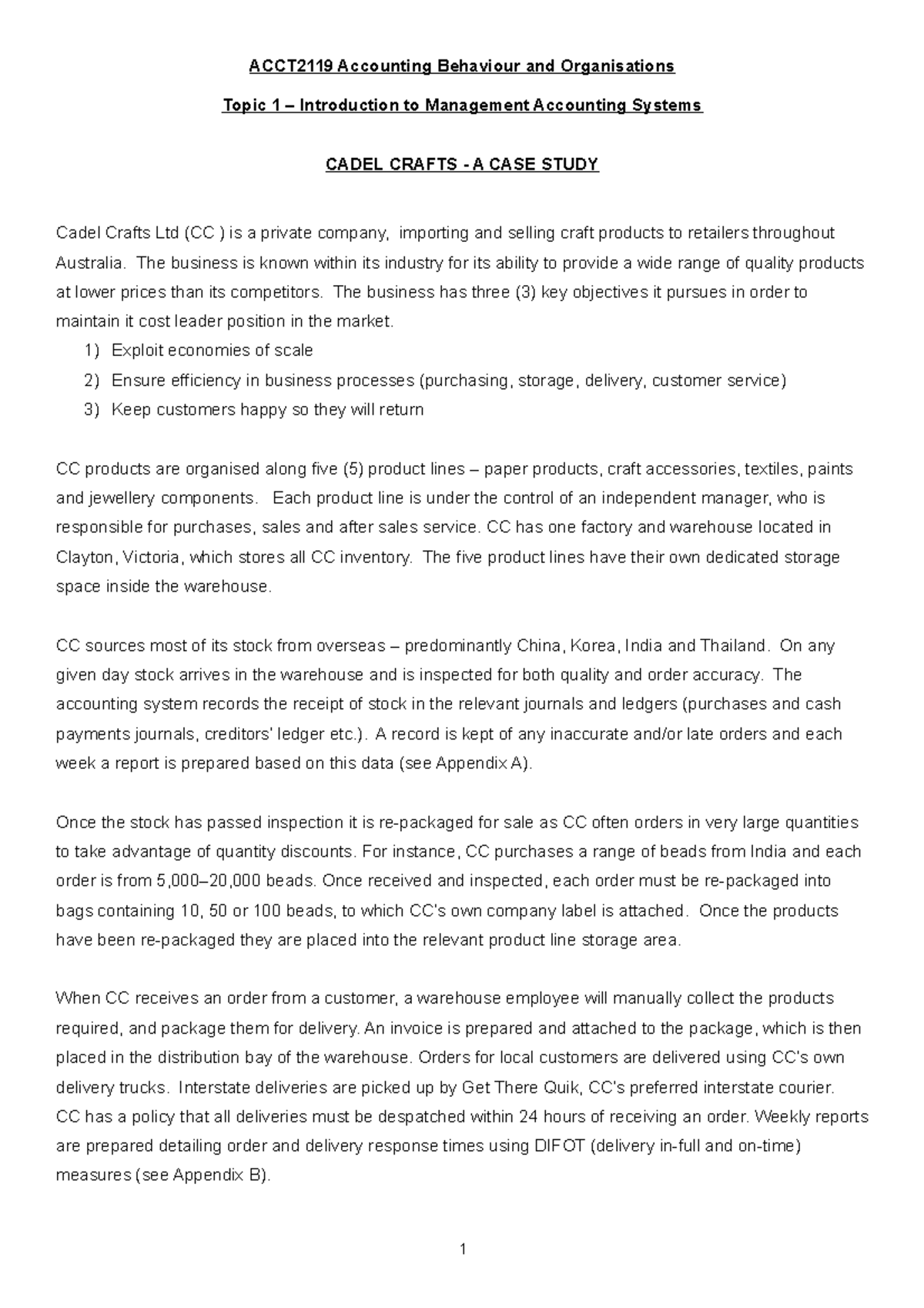 Tutorial work - 1 - Cadel crafts case - ACCT2119 Accounting Behaviour ...
