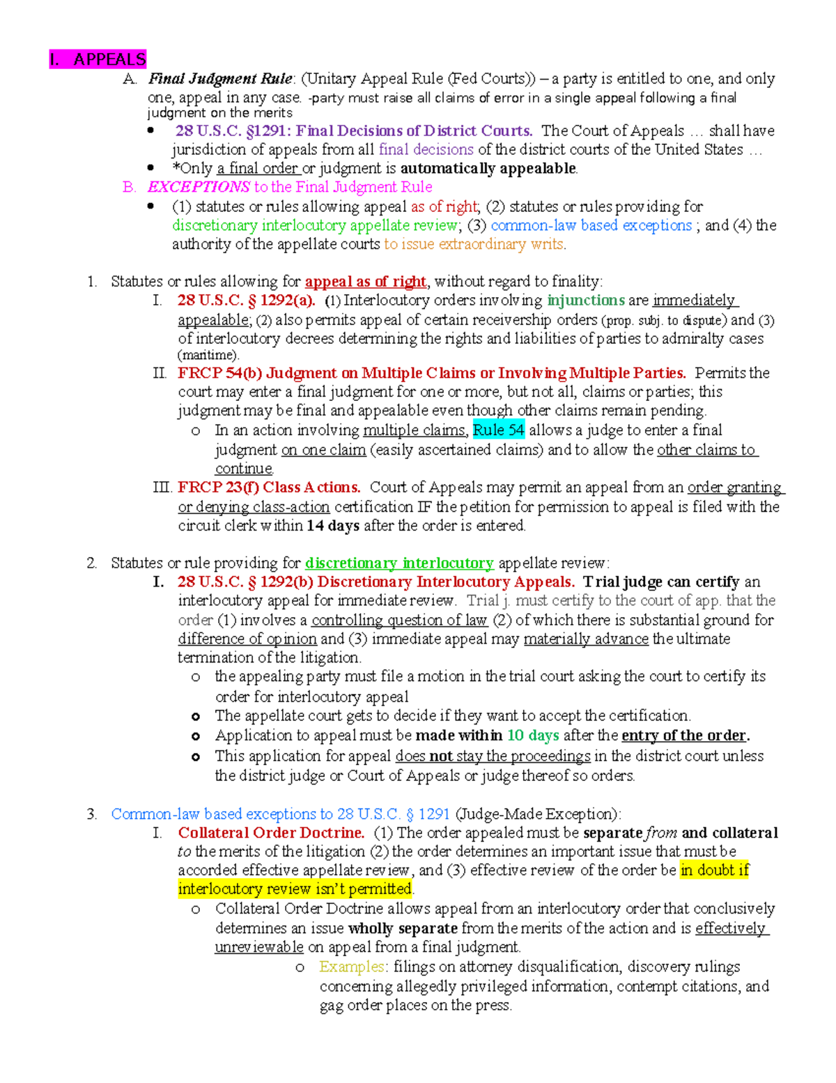 Civil Procedure Outline full - I. APPEALS A. Final Judgment Rule ...