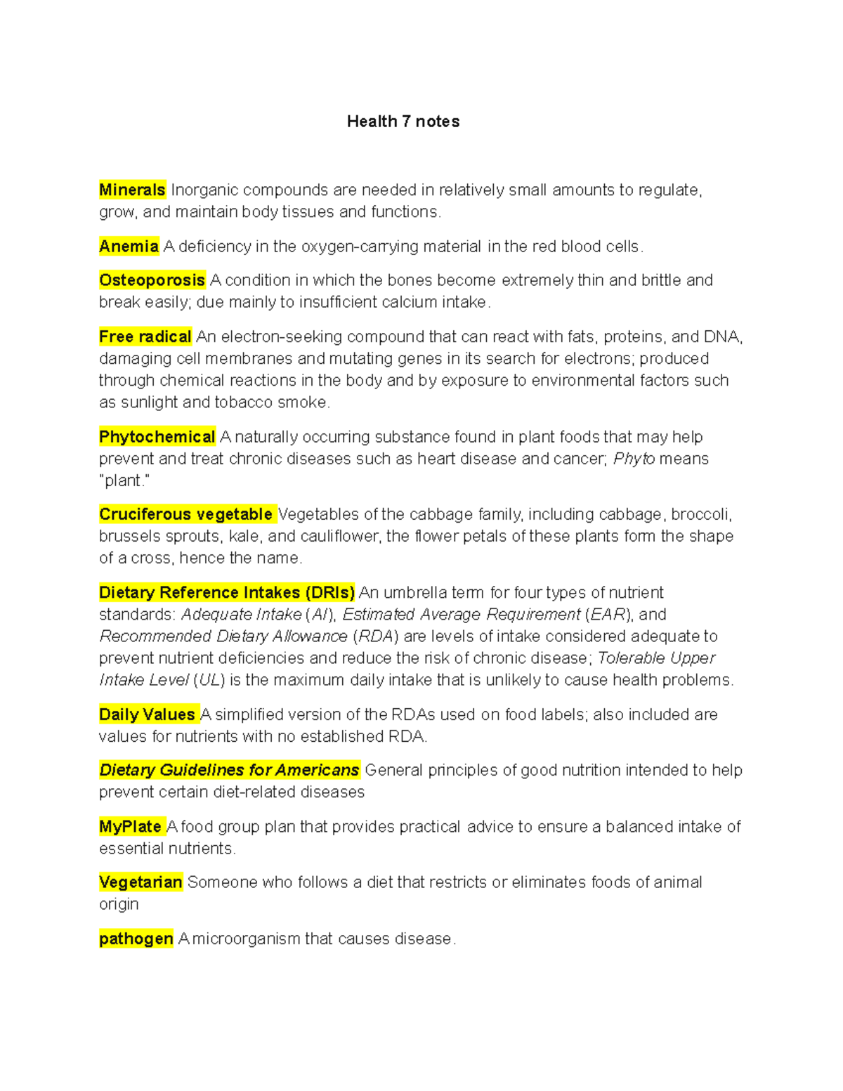 Health 7 notes - Health 7 notes Minerals Inorganic compounds are needed ...