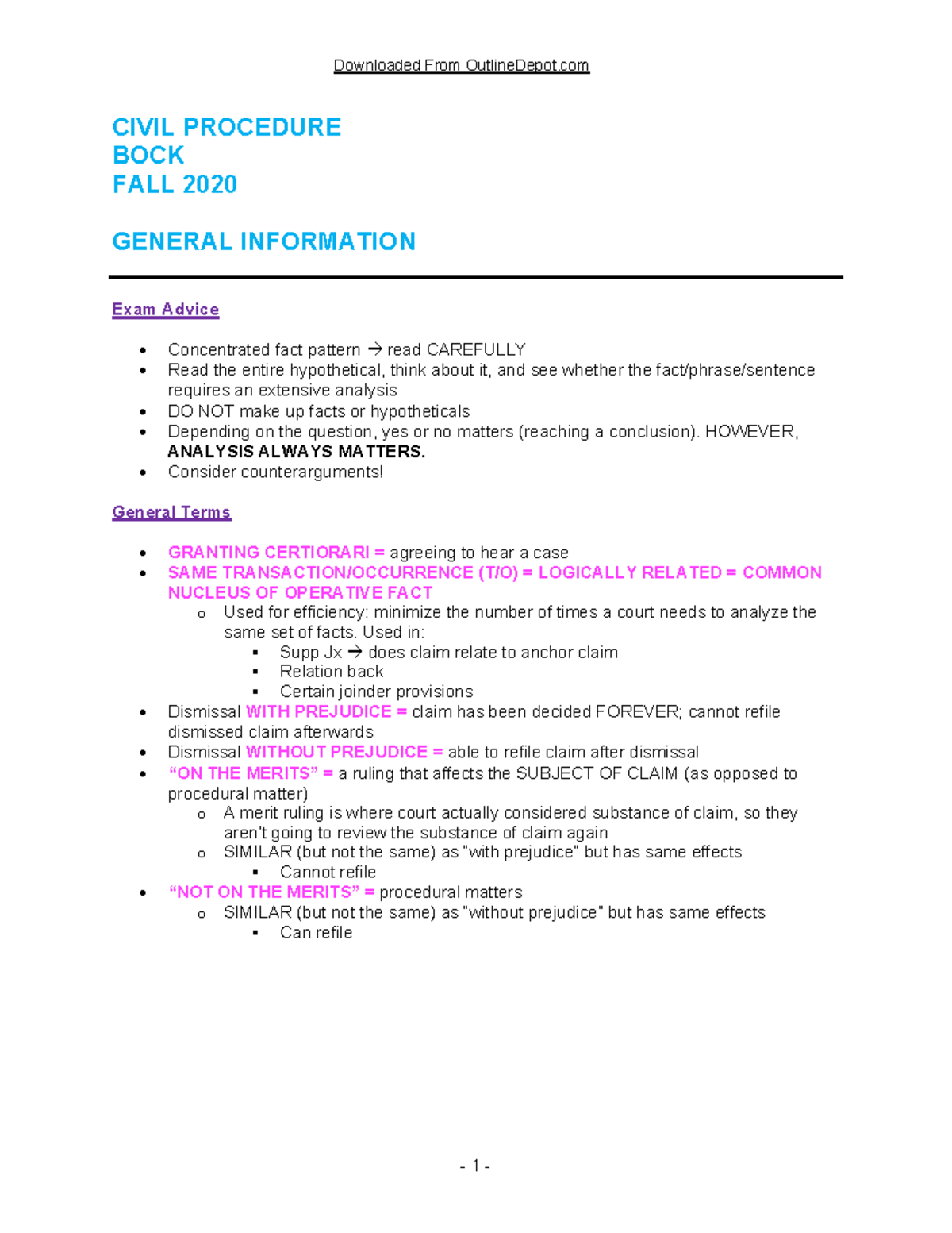 Bock Civ Pro Fall2020 - CIVIL PROCEDURE BOCK FALL 2020 GENERAL ...