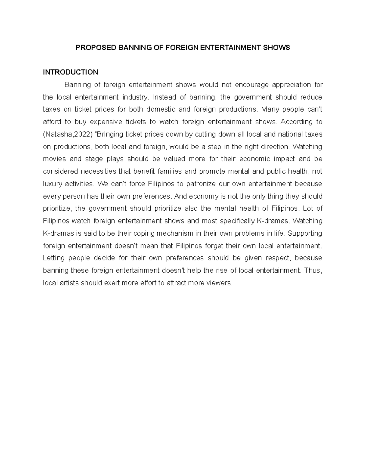 Intro Banning of Foreign Entertainment - PROPOSED BANNING OF FOREIGN ...