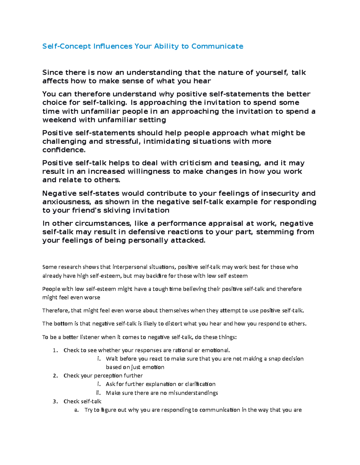 Self-Concept Influences Your Ability to Communicate 1 - Is approaching ...