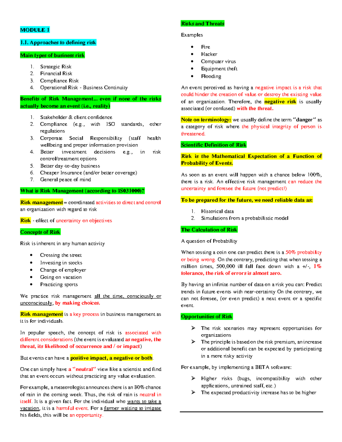 Risk Management Concepts - MODULE 1 Approaches to defining risk Main ...