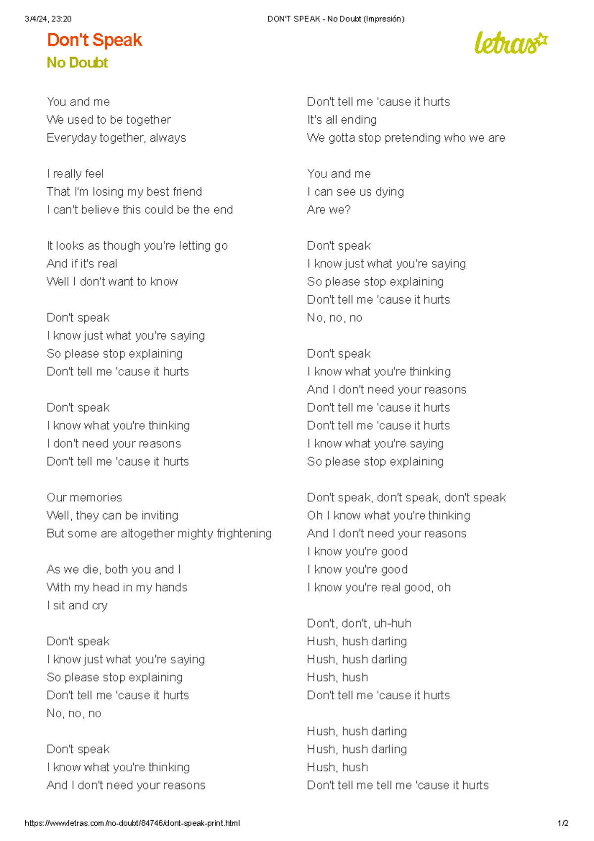 DON'T Speak - No Doubt (Impresión) - 3/4/24, 23:20 DON'T SPEAK - No ...