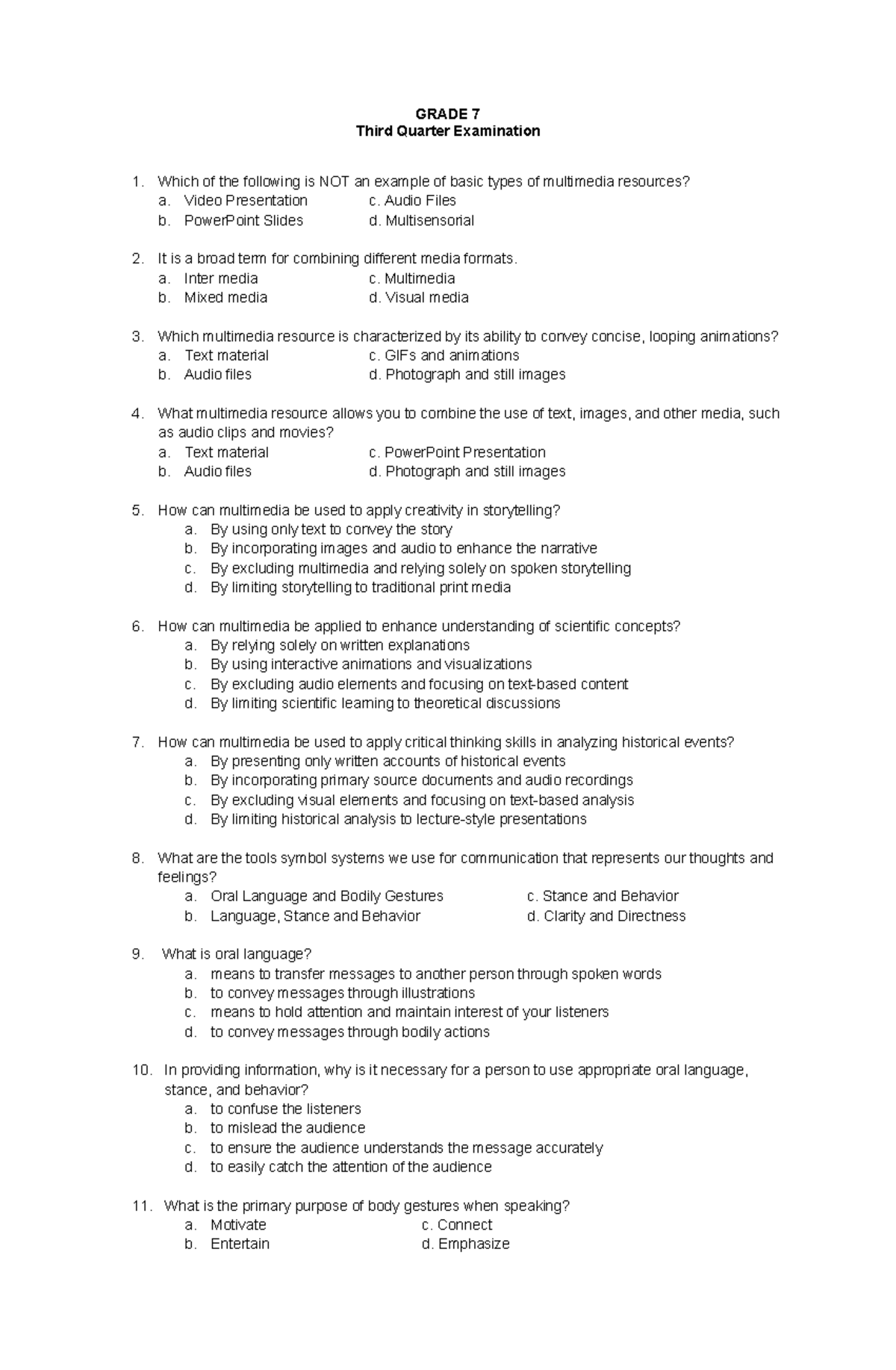 Exam Questions - Grade 7 Test Questionnaire for 3rd Grading - GRADE 7 ...