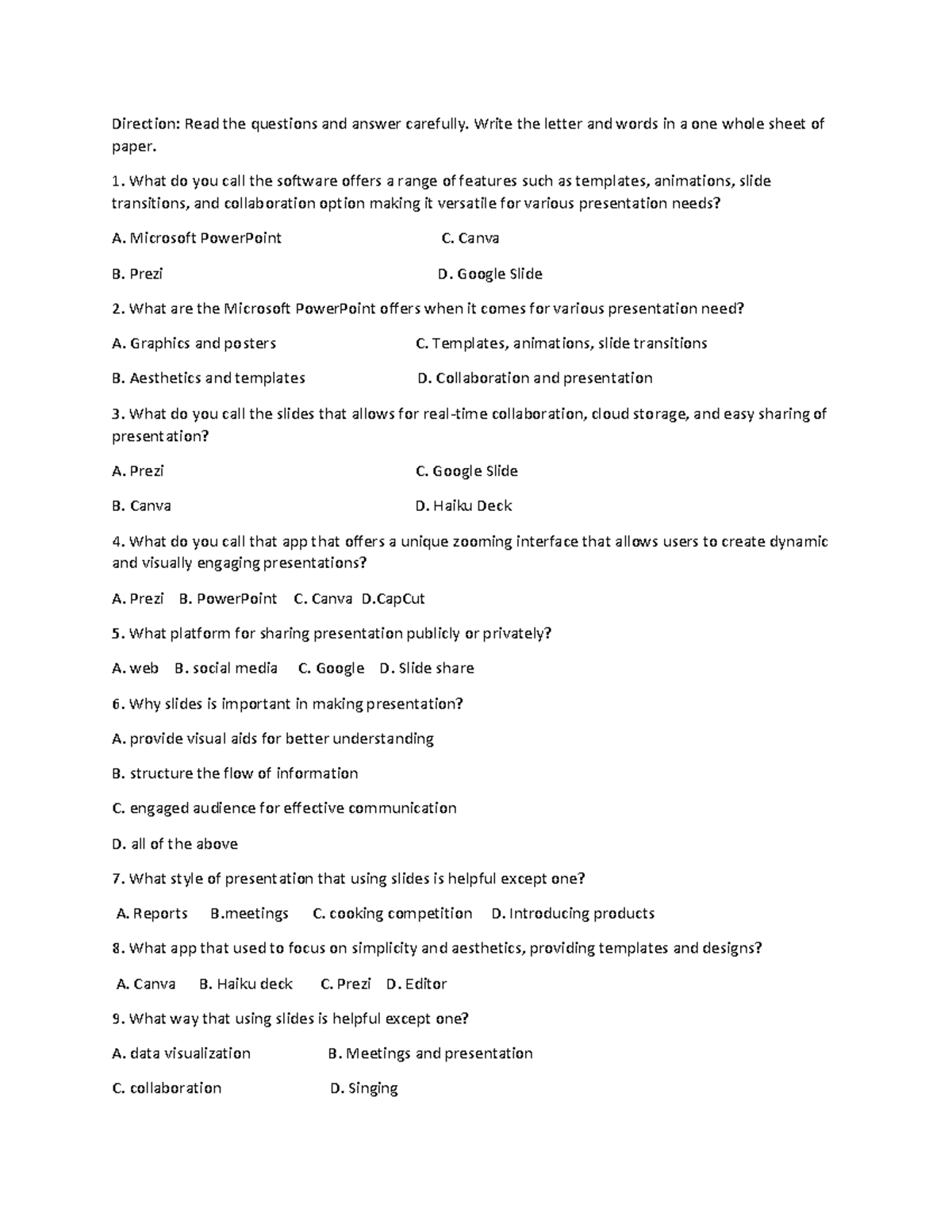 Emtech group 5 questionnaire - Direction: Read the questions and answer ...