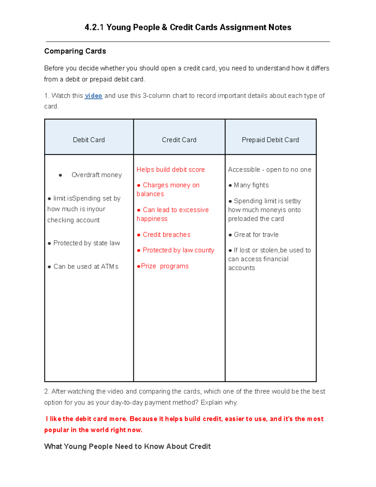 Copy of 4.2.1 Young People & Credit Cards Assignment Notes - 4.2 Young ...