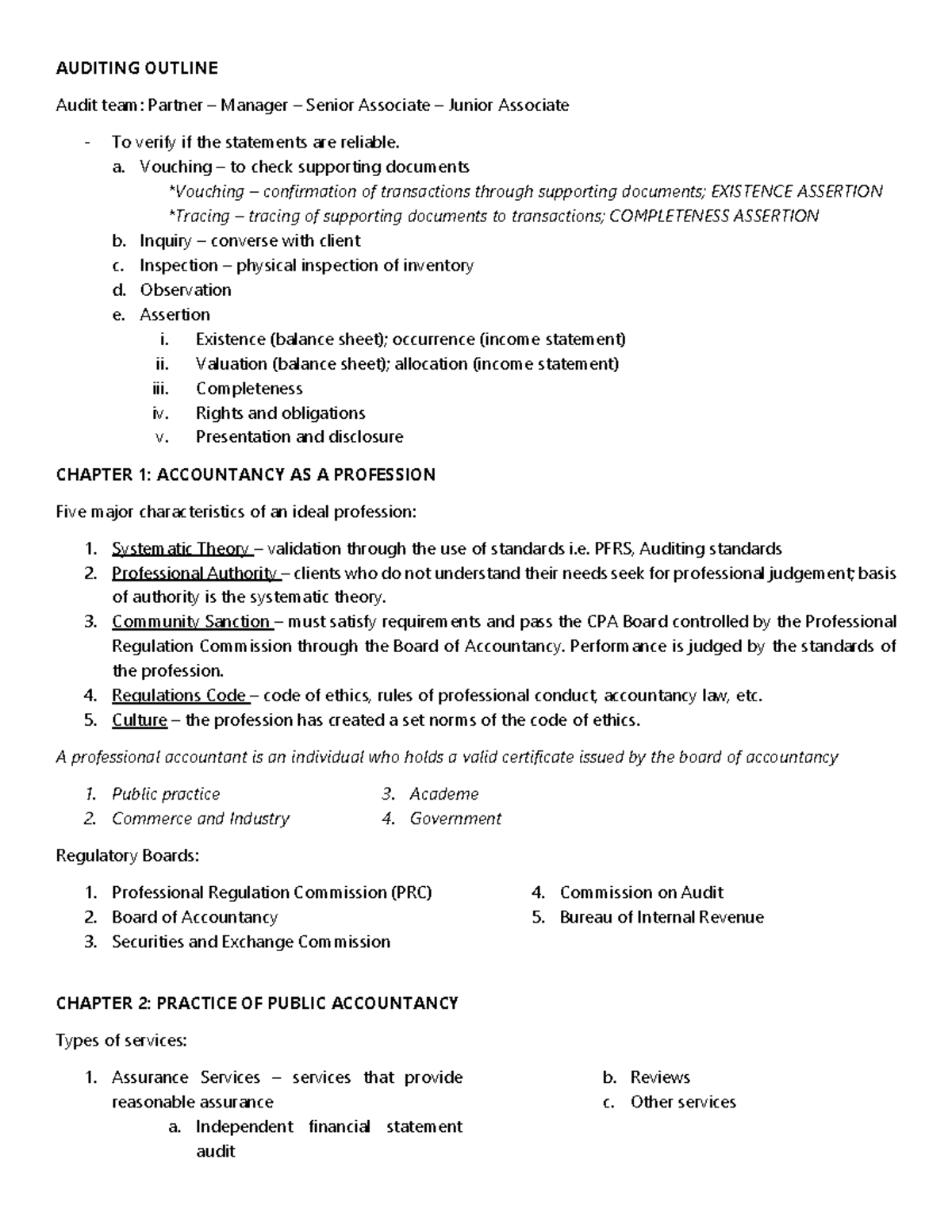 Auditing compress Lecture Note - AUDITING OUTLINE Audit team: Partner ...