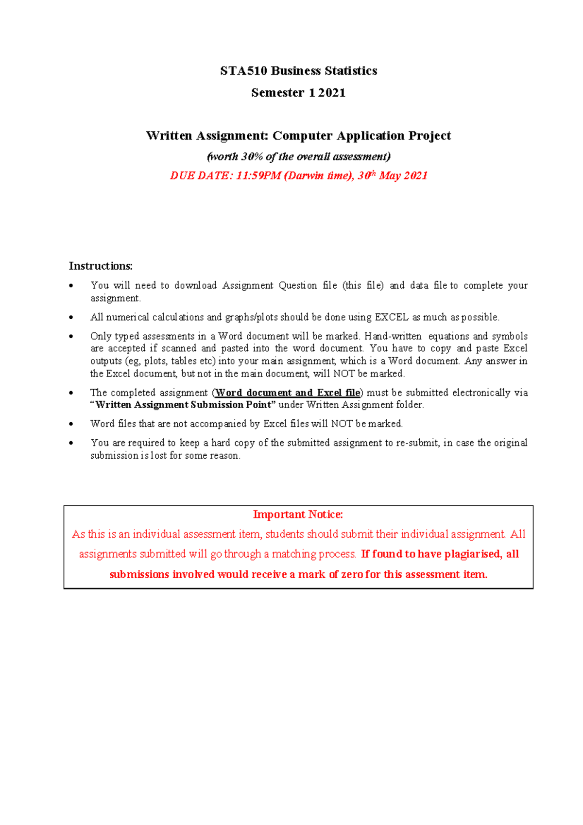 STA510 Assignment Question S1 2021 - STA510 Business Statistics Semester 1 2021 Written ...