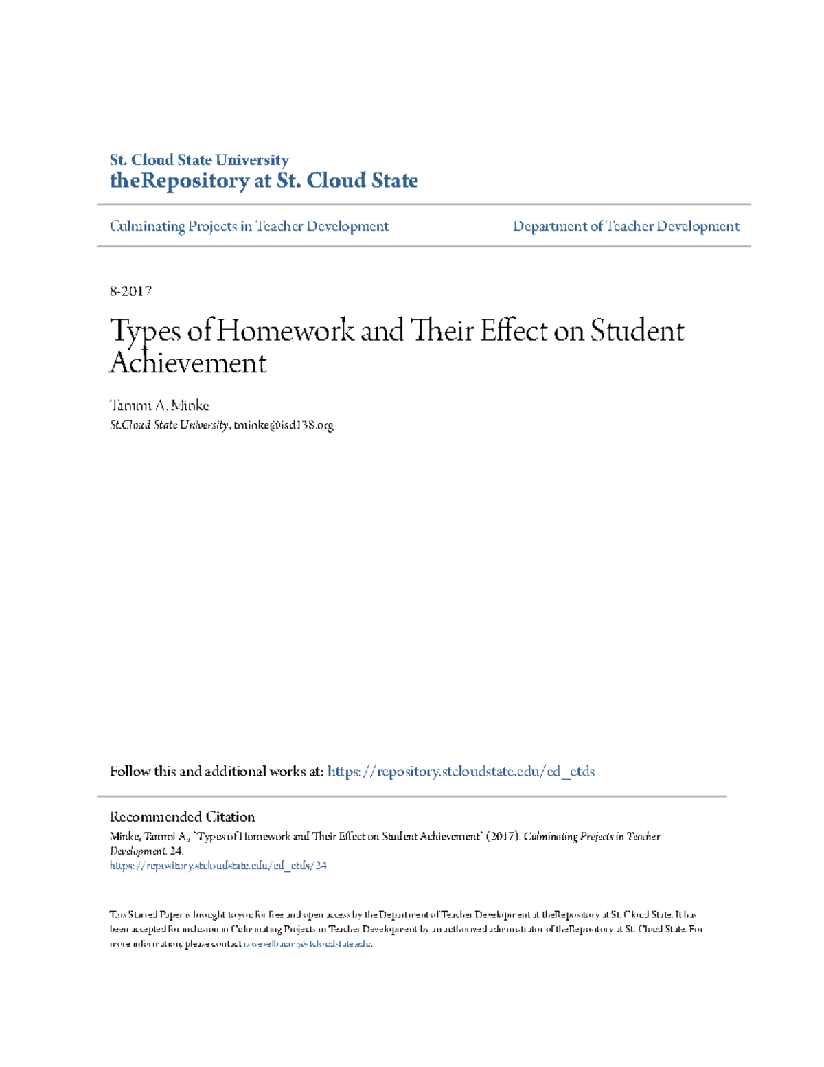 Types of Homework and Their Effect on Student Achievement - St. Cloud ...
