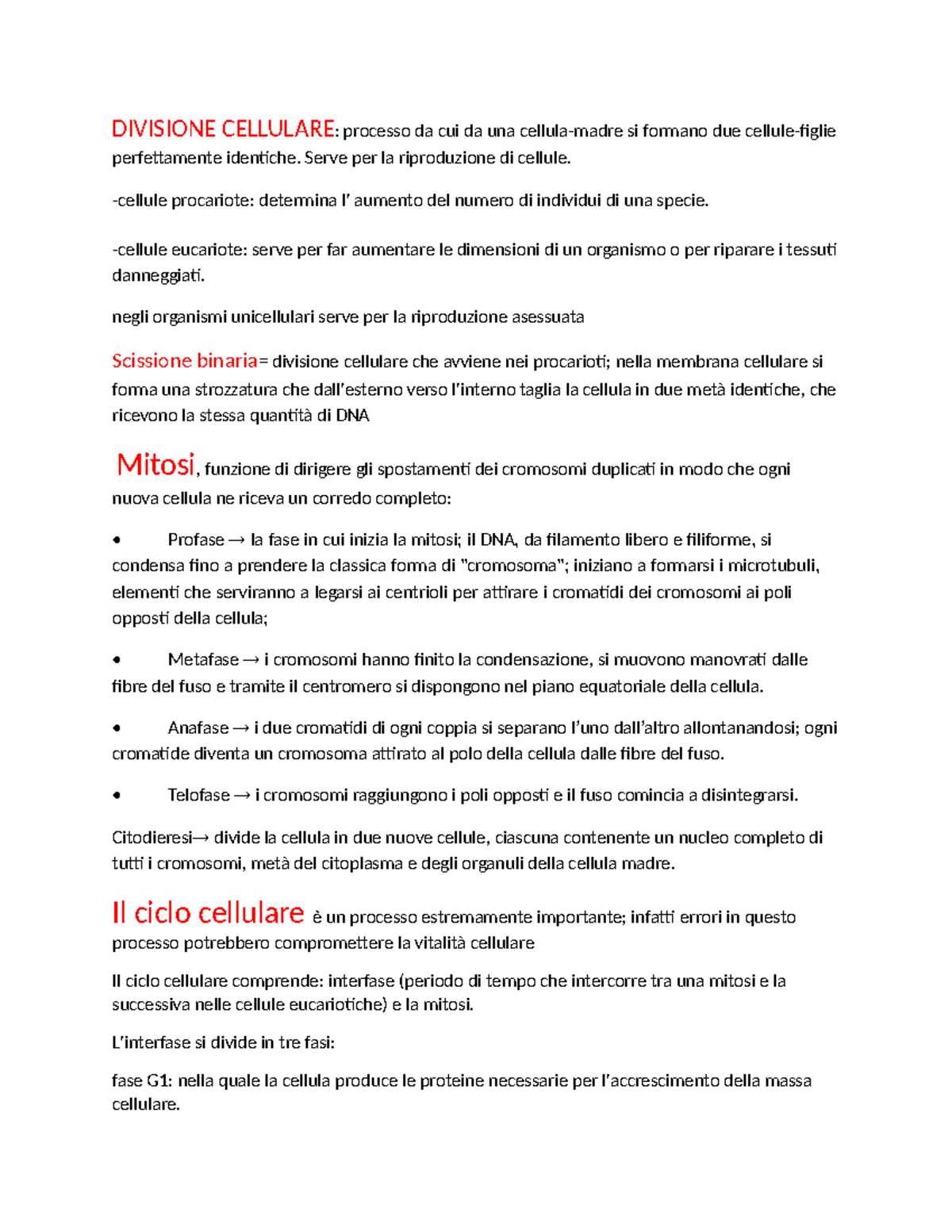 Scienze riassunto - DIVISIONE CELLULARE: processo da cui da una cellula ...