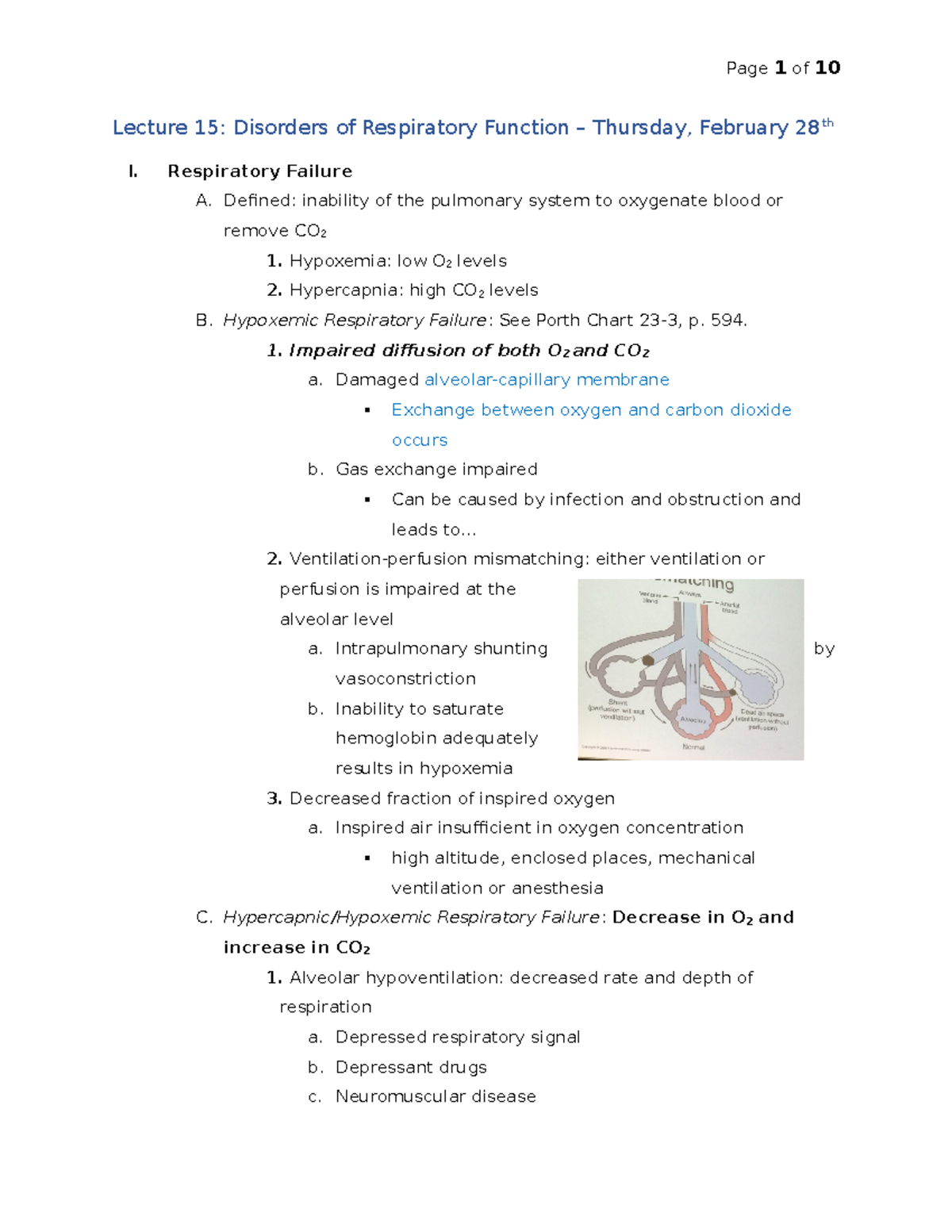 Lecture 15 - Disorders of Respiratory Function - Respiratory Failure A ...