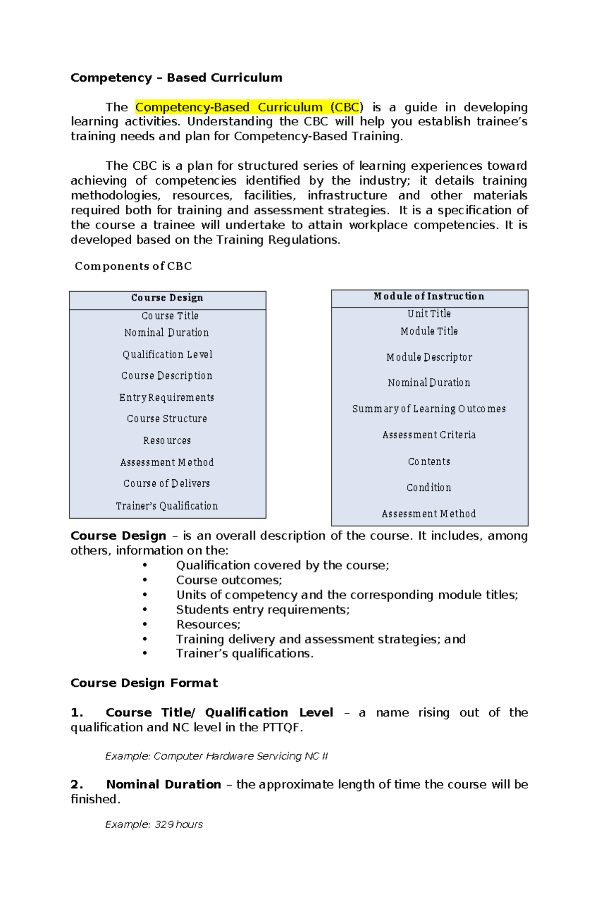 Competency-Based-Curriculum - Components of CBC C o u r s e T i tle N o ...