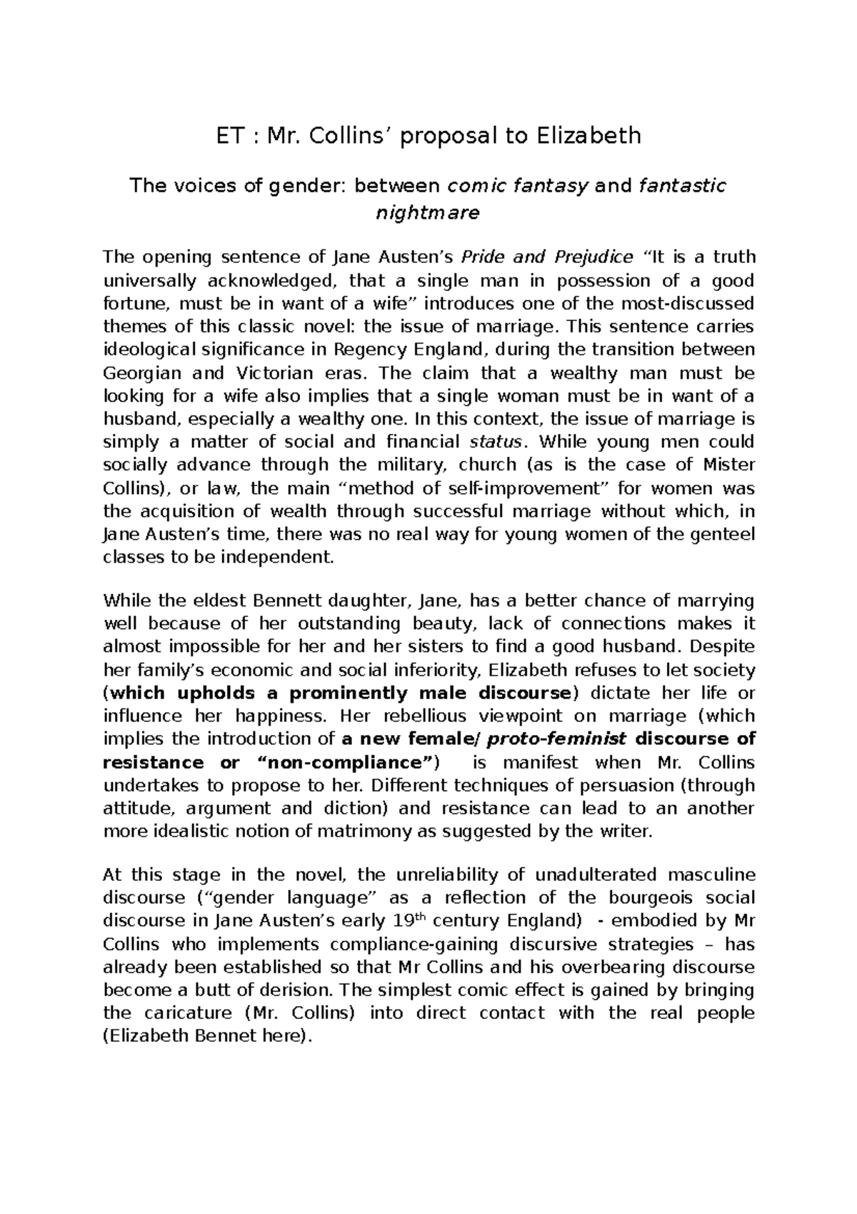 Notes Mr Collins' proposition to Elizabeth - ET : Mr. Collins’ proposal ...