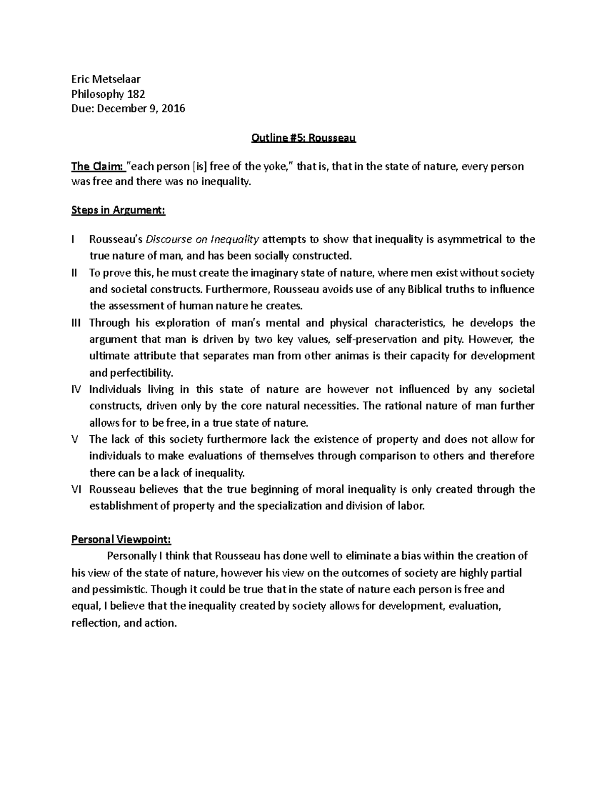 Outline Assignment #5 Rousseau - Eric Metselaar Philosophy 182 Due ...