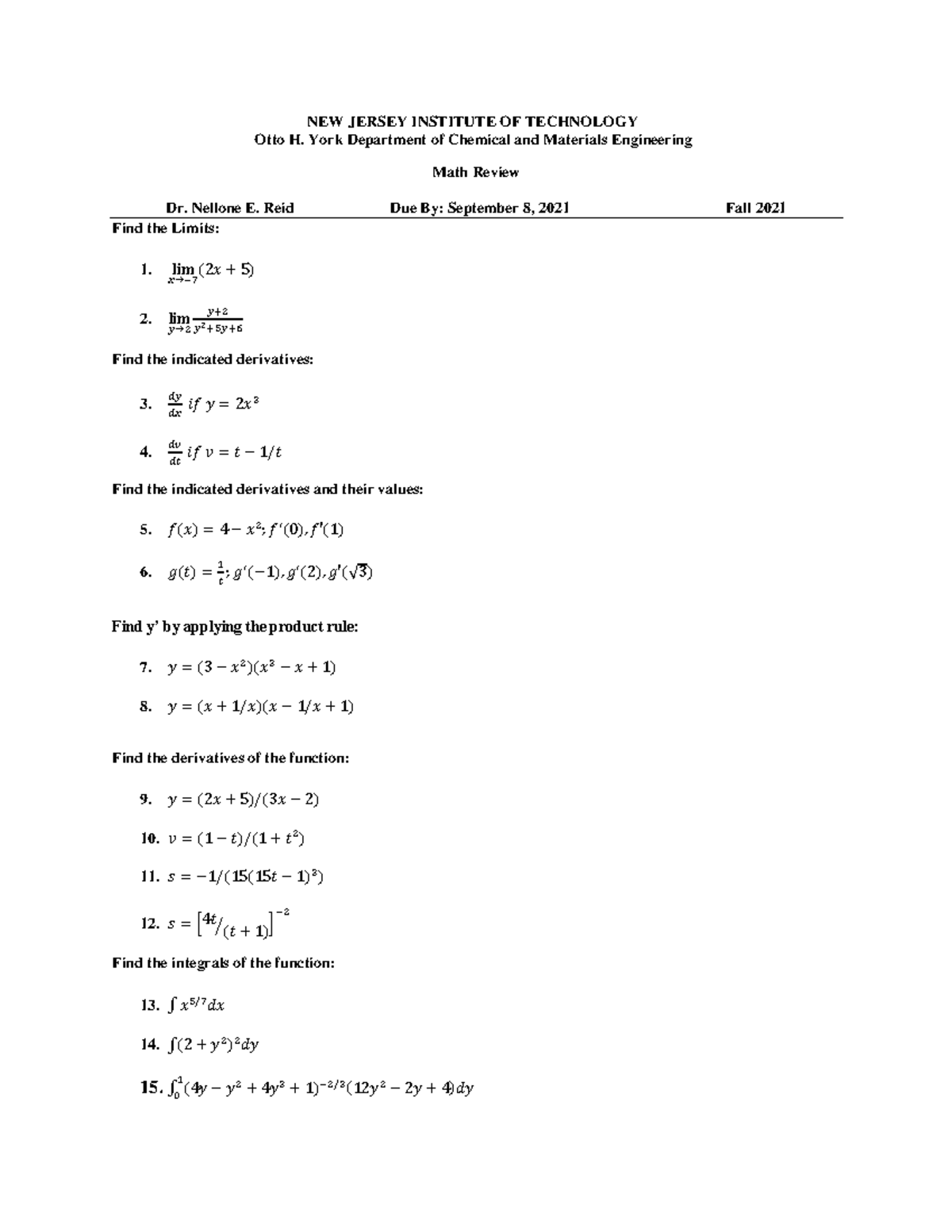 Math Review - Undergrad math prep - Otto H. York Department of Chemical ...